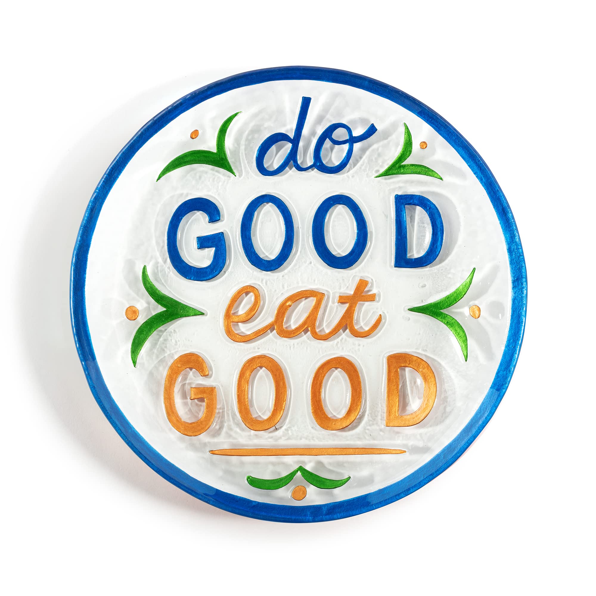 DEMDACO Do Good Eat Good Blue and Orange 11 Inch Fused Glass Round Serving Plate Platter
