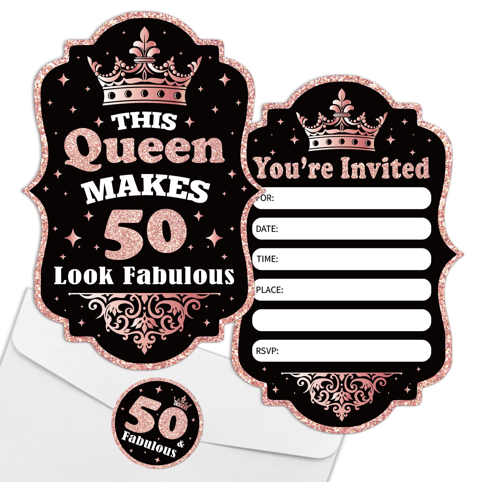 REWIDPARTY Rose Gold 50th Birthday Party Invitations with Envelopes & Stickers(Set of 15) 50th Birthday Shaped Fill-in Invitations Happy 50th Birthday Invites Cards Birthday Party Supplies for Women