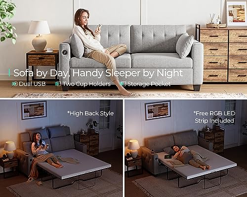 LINSY HOME Pull Out Sofa Bed, Queen Sleeper Sofa Couch with Memory Foam Mattress, Large Sofa Sleeper Pullout Couch Bed for Living Room Office, Grey, Queen Size