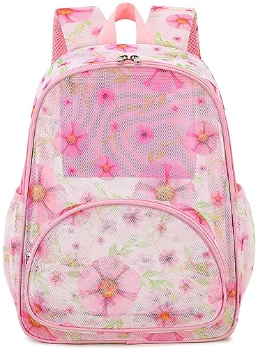 LOIDOU Mesh Backpack for Toddler Girls Semi-Transparent Mesh Bookbag 15 Inch Preschool Kindergarten Backpacks See Through Sturdy School Bags for Travel Beach Hiking Swim