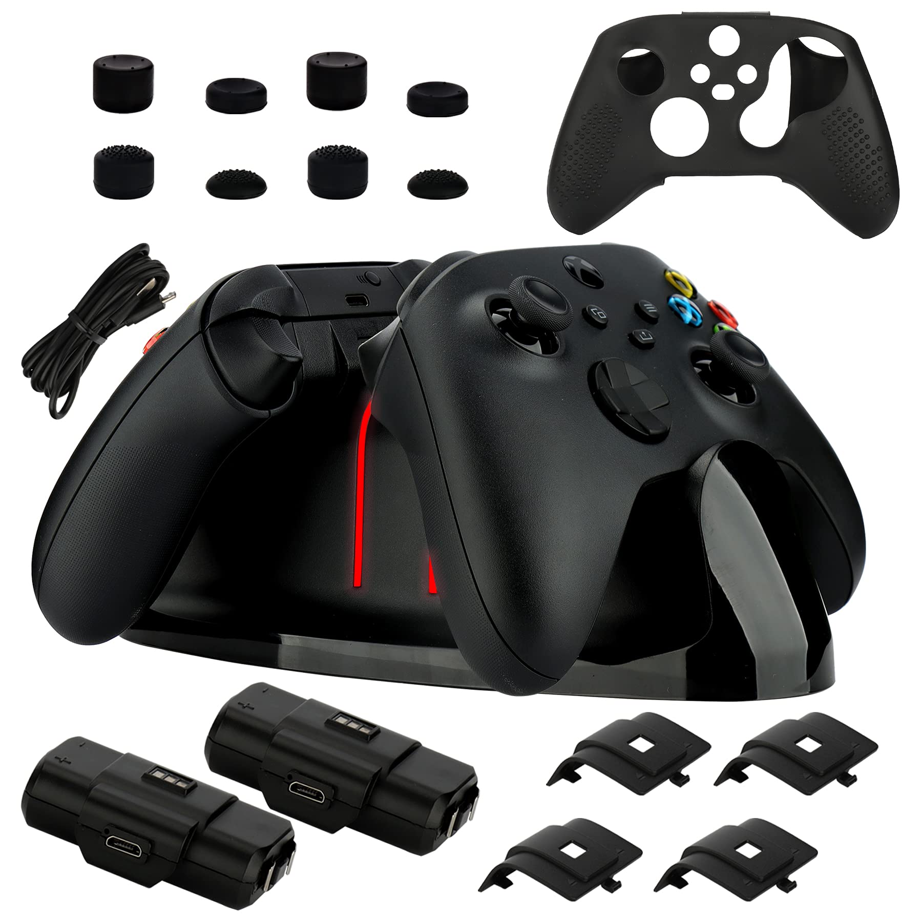 Controller Charger for Xbox Series X|S, Dual Charging Dock Compatible with Xbox Series X/Series S/One/One X/One S Elite with 2 Battery Packs, 4 Battery Covers, 8 Thumb Caps, Skin and Charging Cord
