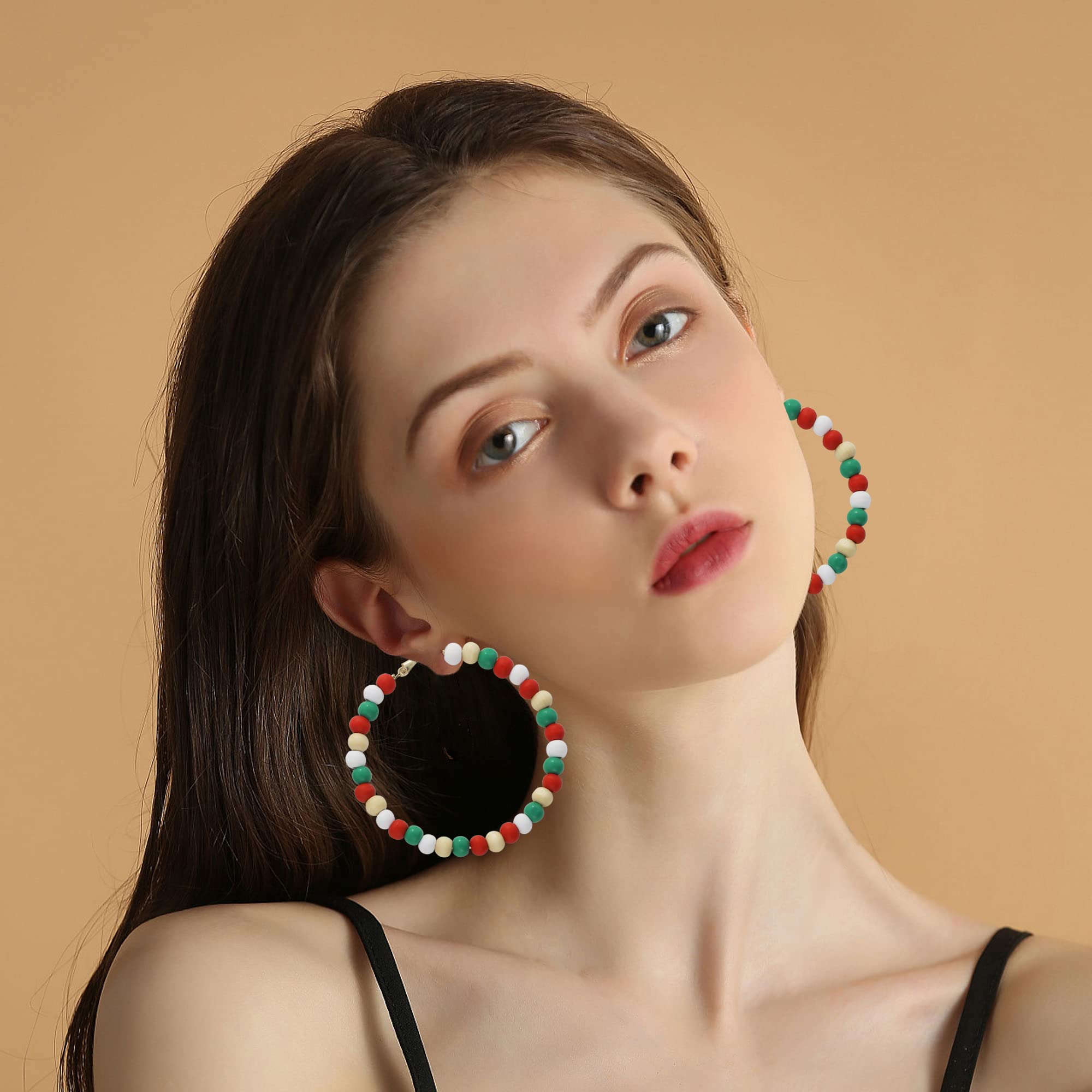 COIRIS Wooden Beaded Hoop Big Earrings Bohemian Circle Round Bead Earrings Circle Drop Dangle Earrings Jewelry For Women (ER1185-Red+Christmas)