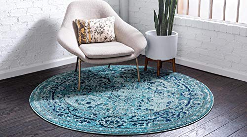 Rugs.com Fleur Collection Rug β 3' Round Light Blue Medium-Pile Rug Perfect for Kitchens, Dining Rooms
