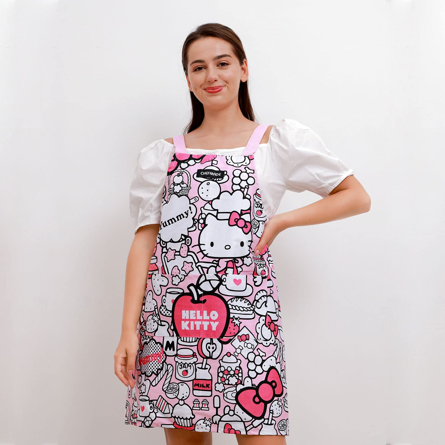 CHEFMADE Hello Kitty 100% Cotton Apron with Gift Box, Adjustable Cross Back Dress with 2 Pockets Kitchen Aprons, Kitty Camouflage Kitchen Print for Baking Cooking Drawing Gardening BBQ & Grill