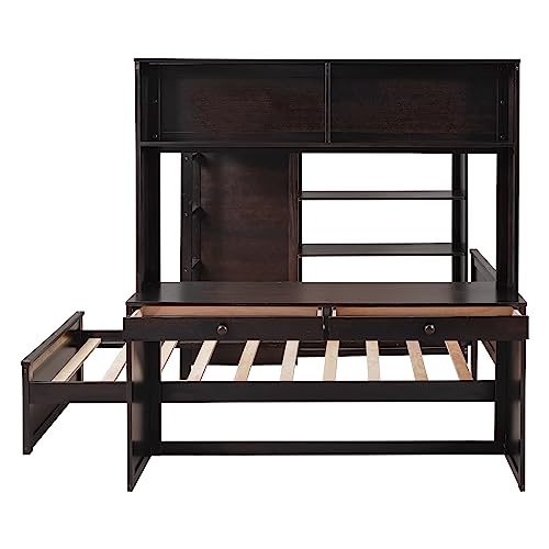 SOFTSEA Full Over Twin Bunk Bed with Desk, Full Size Loft Bed with Wardrobe and Storage, Wood Loft Bed with Stand-Alone Bed for Kids Teens (Espresso)