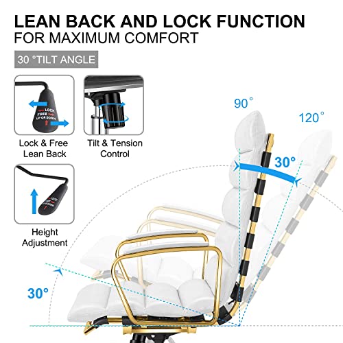 LUXMOD Deluxe Gold Office Chair, High Back Desk Chair for Extra Back and Lumbar Support, White Executive Chair, Ribbed Office Chair with Leather, Ergonomic White and Gold Leather Desk Chair