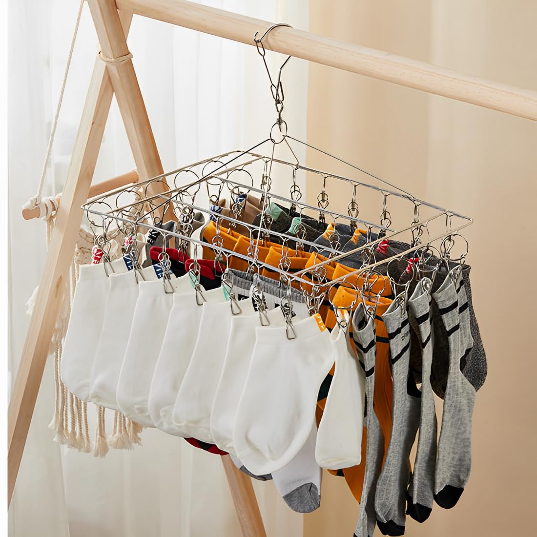 JPORSHU Sock Folding Stainless Steel Sock Drying Rack with 46 Clips,Metal Sock Hangers with Clips,360 DegreesSwivel Hook Wind-Proof Clothes Hanger Rack,for Sock, Bras, Underwear, Laundry Accessories