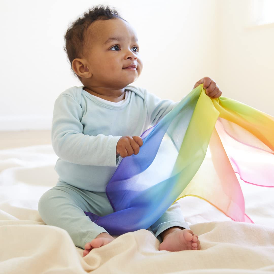 Sarah's Silks Silk and Wood Baby Teether Toy for Babies 3 Months and Older - Rainbow