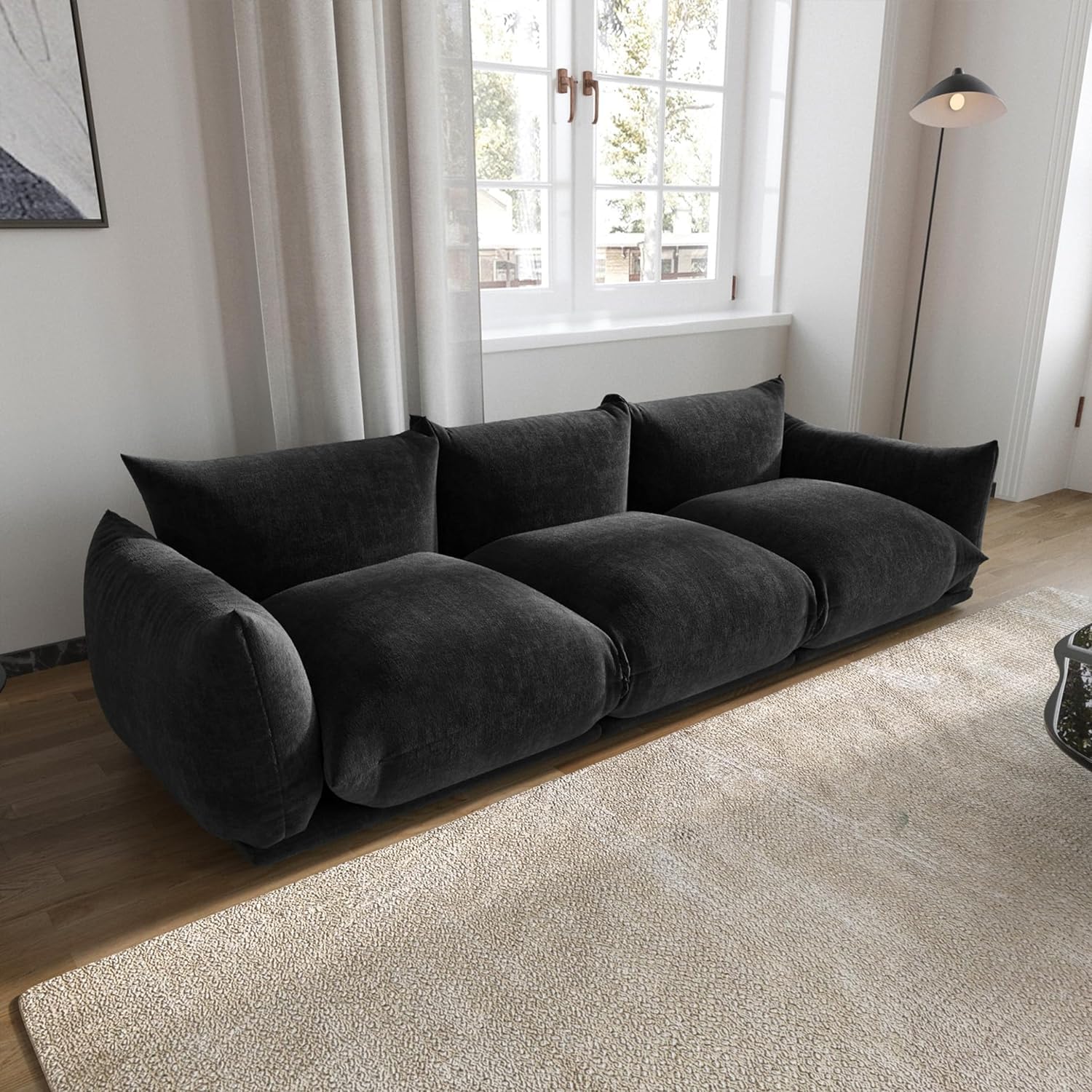 JACH Mid-Century Modern Sectional Couch, Chenille Modular Sofa for Living Room, Deep 3-Seats Minimalist Couches with Thick Cushion, 103" Comfy Sofas Furniture, Black