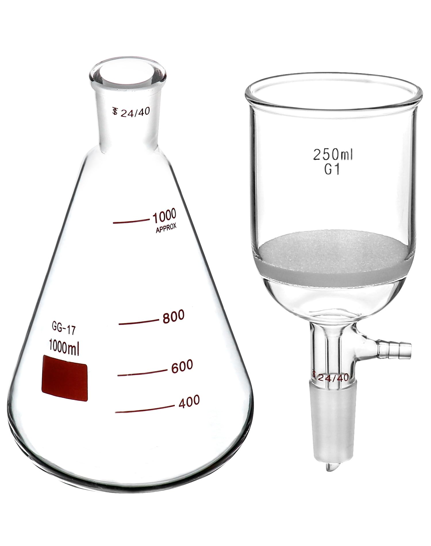 QWORK 250ml Glass Buchner Filtering Funnel and 1000 ml Erlenmeyer Flask, Thick Wall Flask with 24/40 Outer Joint