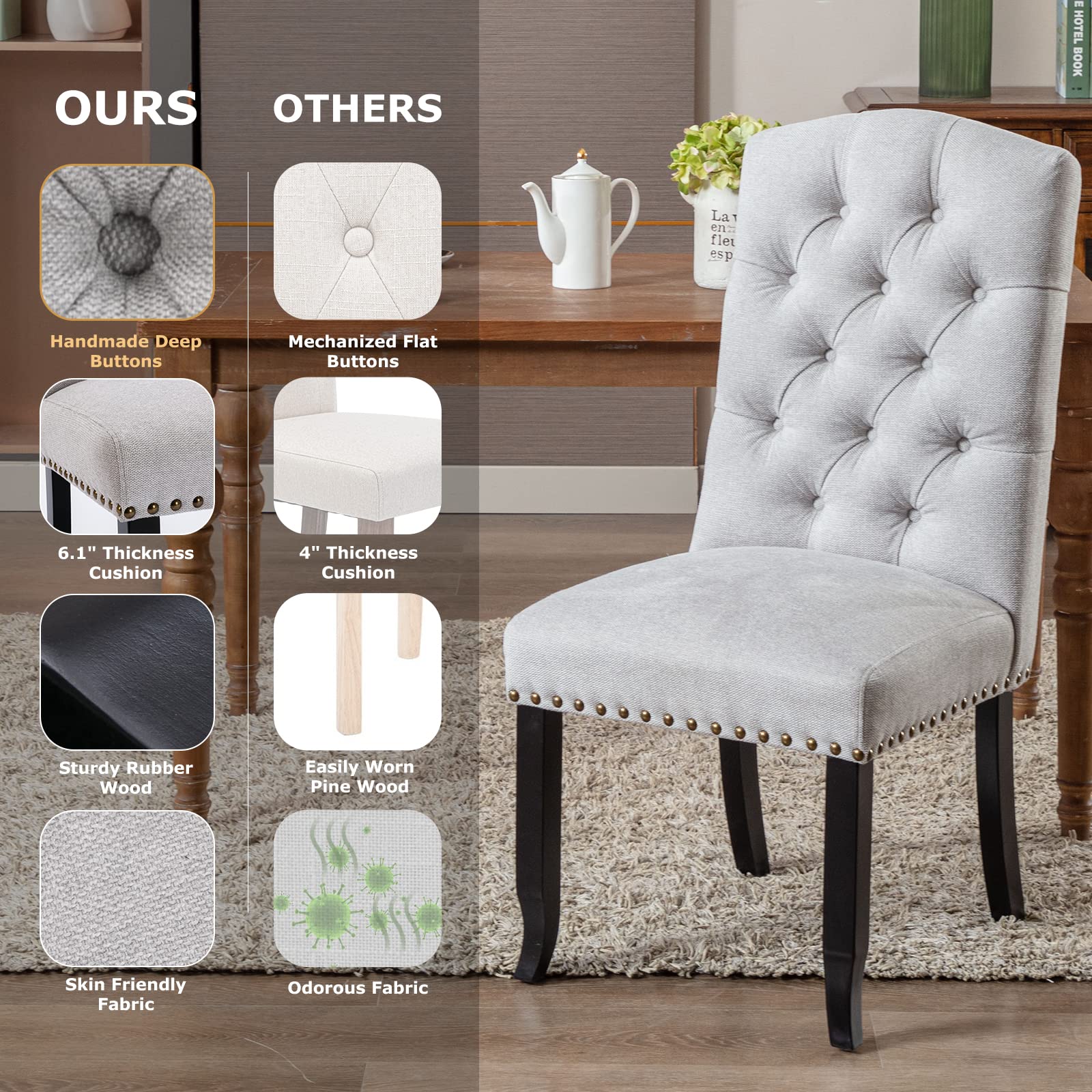 COLAMY Button Tufted Dining Chairs Set of 4, Upholstered Parsons Dining Room Chairs, Fabric Kitchen Chairs with Nailhead Trim and Wood Legs, Light Grey