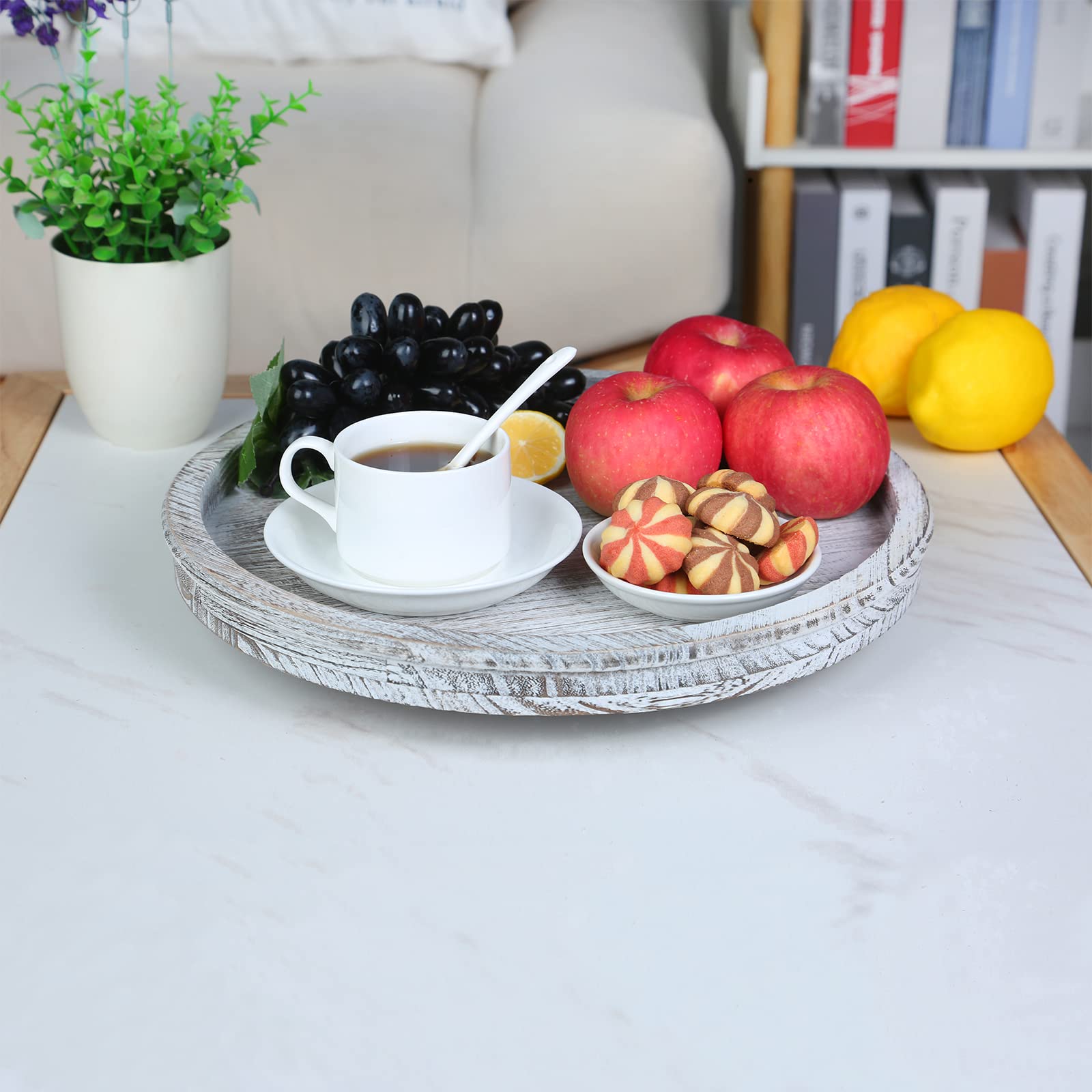 Dimusel Round Wooden Decorative Tray, Distressed Farmhouse Tray, Wooden Rustic Ornaments for Coffee Plate Cakes Dessert Fruit Platters or Kitchen Decor