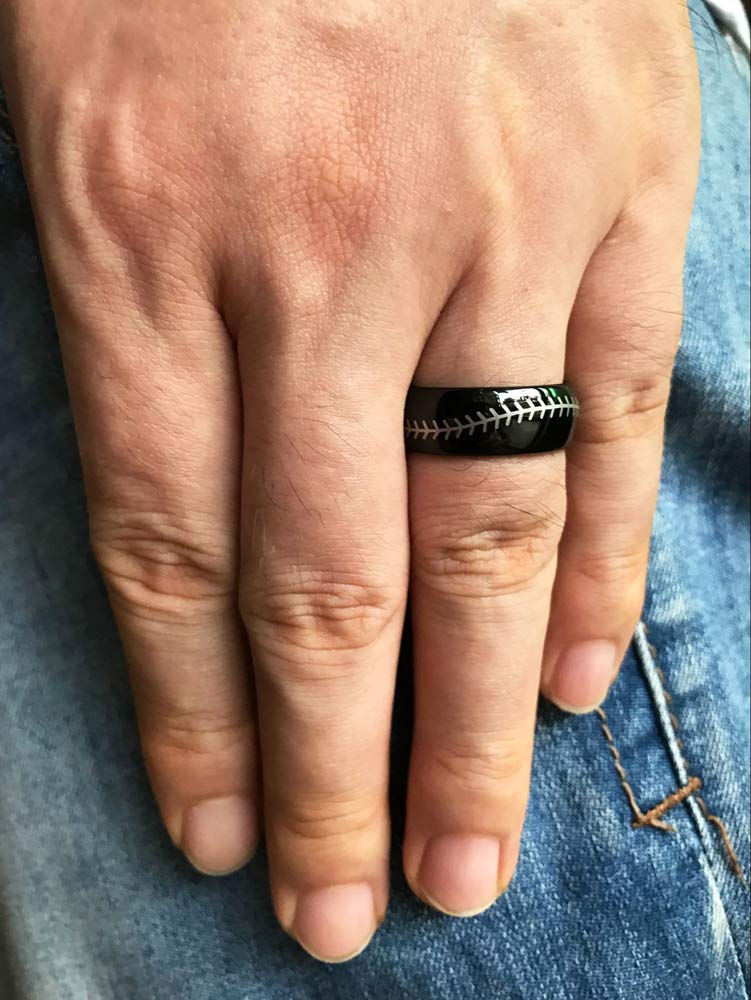 CLOUD DANCER Sports Ring -Symbology Baseball Engraved Ring 8mm Domed Tungsten Carbide Ring Wedding Ring and Engagement ring-Free Engraving Inside (Black Dome, 14.5)