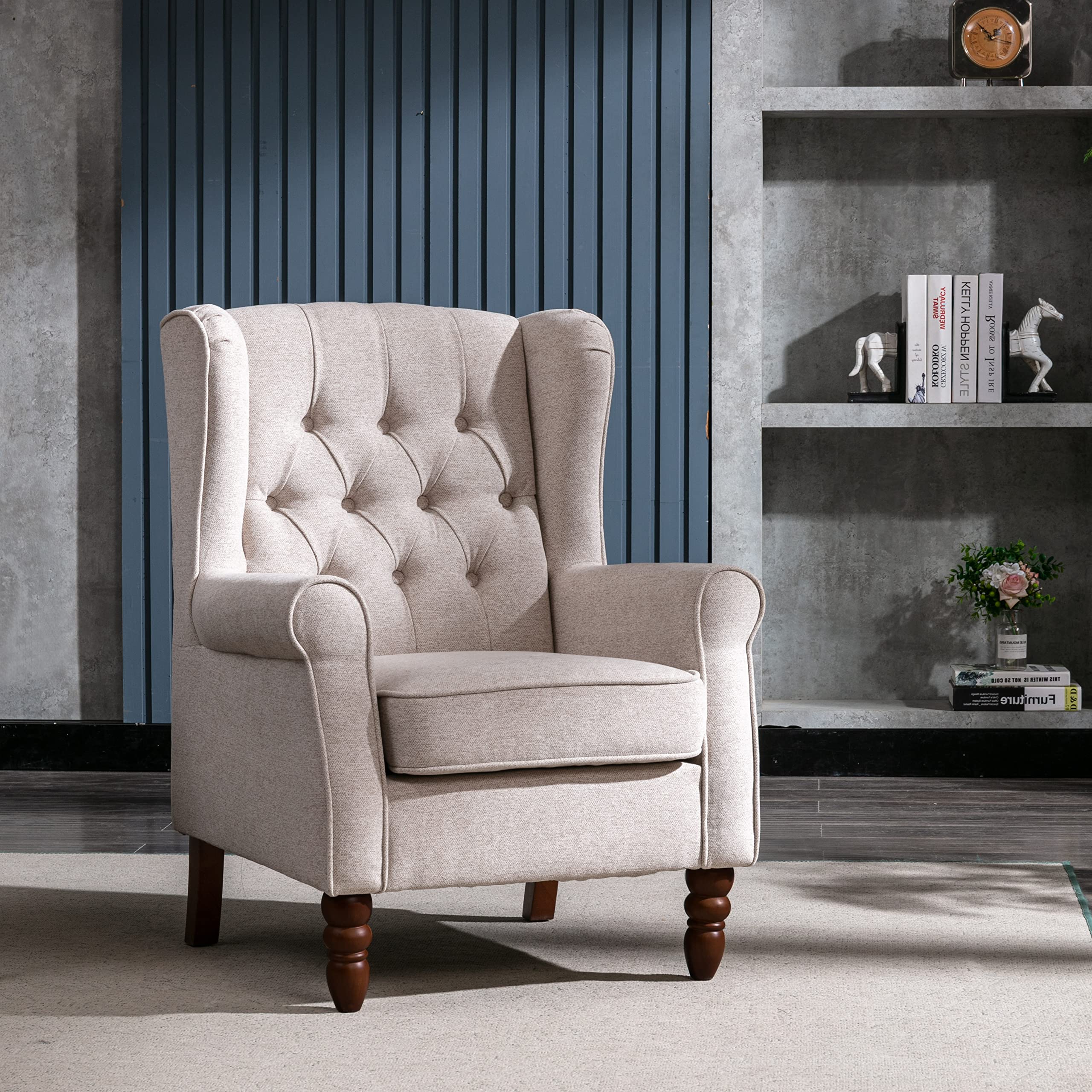 COLAMY Mid-Century Modern Living Room Accent Chairs, Thick Upholstered Button Tufted Wingback Armchair Fabric Sofa Arm Chair, Solid Wood Legs Padding Seat, Beige