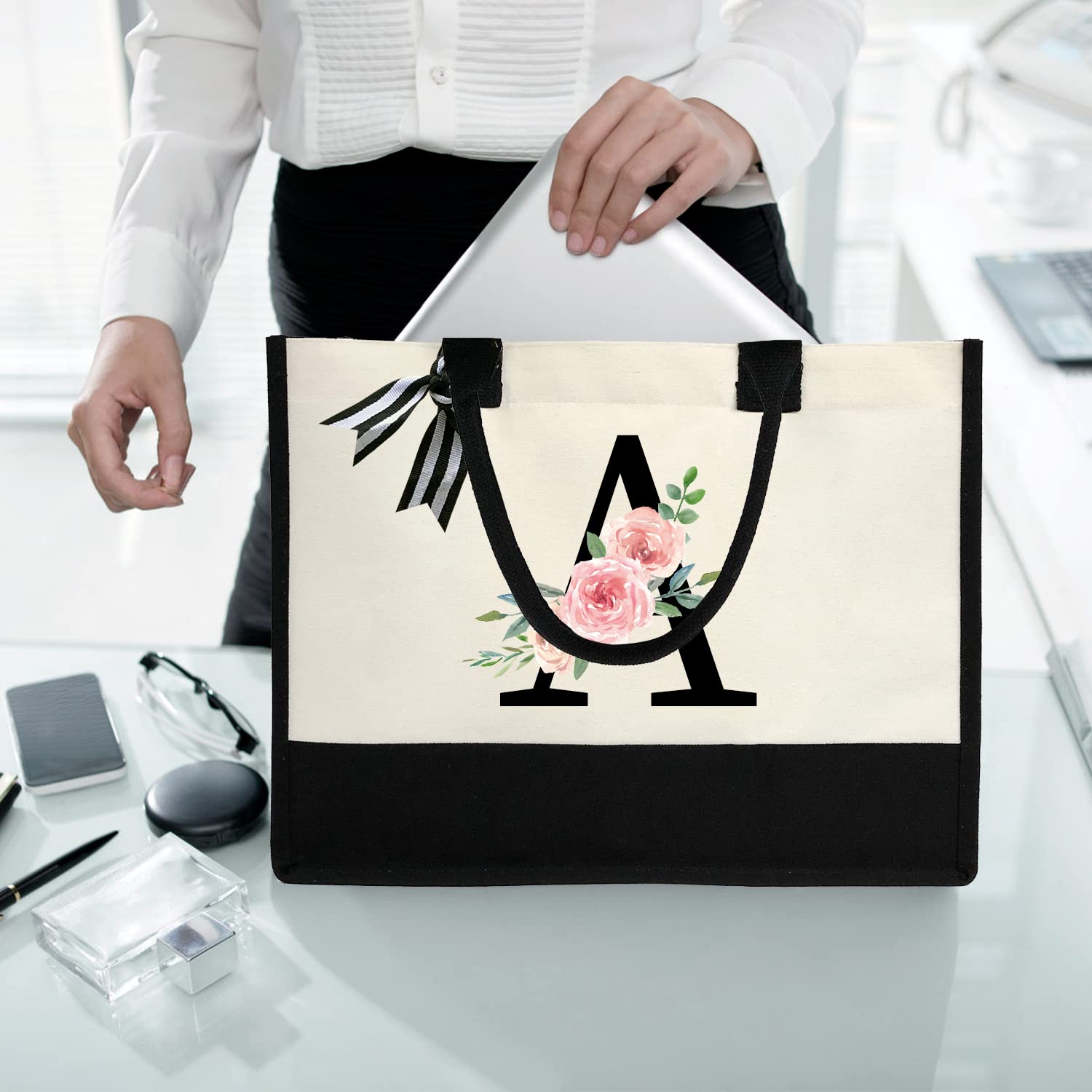 DEEZOMO Personalized Initial Canvas Tote Bag for Women, Beach Bag with Inner Zipper Pocket, Suitable for Wedding, Birthday, Beach, Holiday - Black(X)