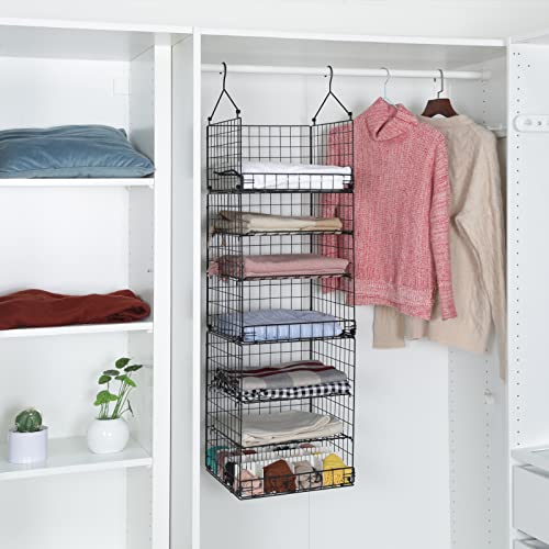 Yuyetuyo 7-Shelf Adjustable Hanging Closet Organizer, Wall Mount Clothes Shelves with 6 Adjustable Dividers for Socks Clothing Sweaters Shoes Handbags,Black