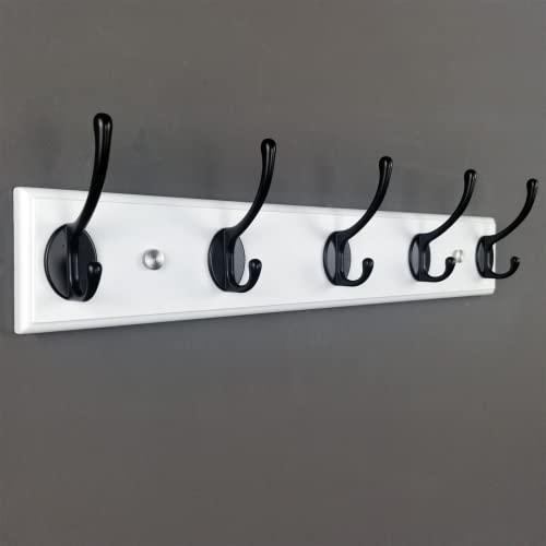 lomejii 5 Black Hooks Wood Coat Rack Wall Mount, 17.3’’, Heavy Duty Hooks for Hanging Clothes,Hat,Backpack etc, Great Modern Wall Decoration for Entryway Hallway Mudroom Farmhouse,White