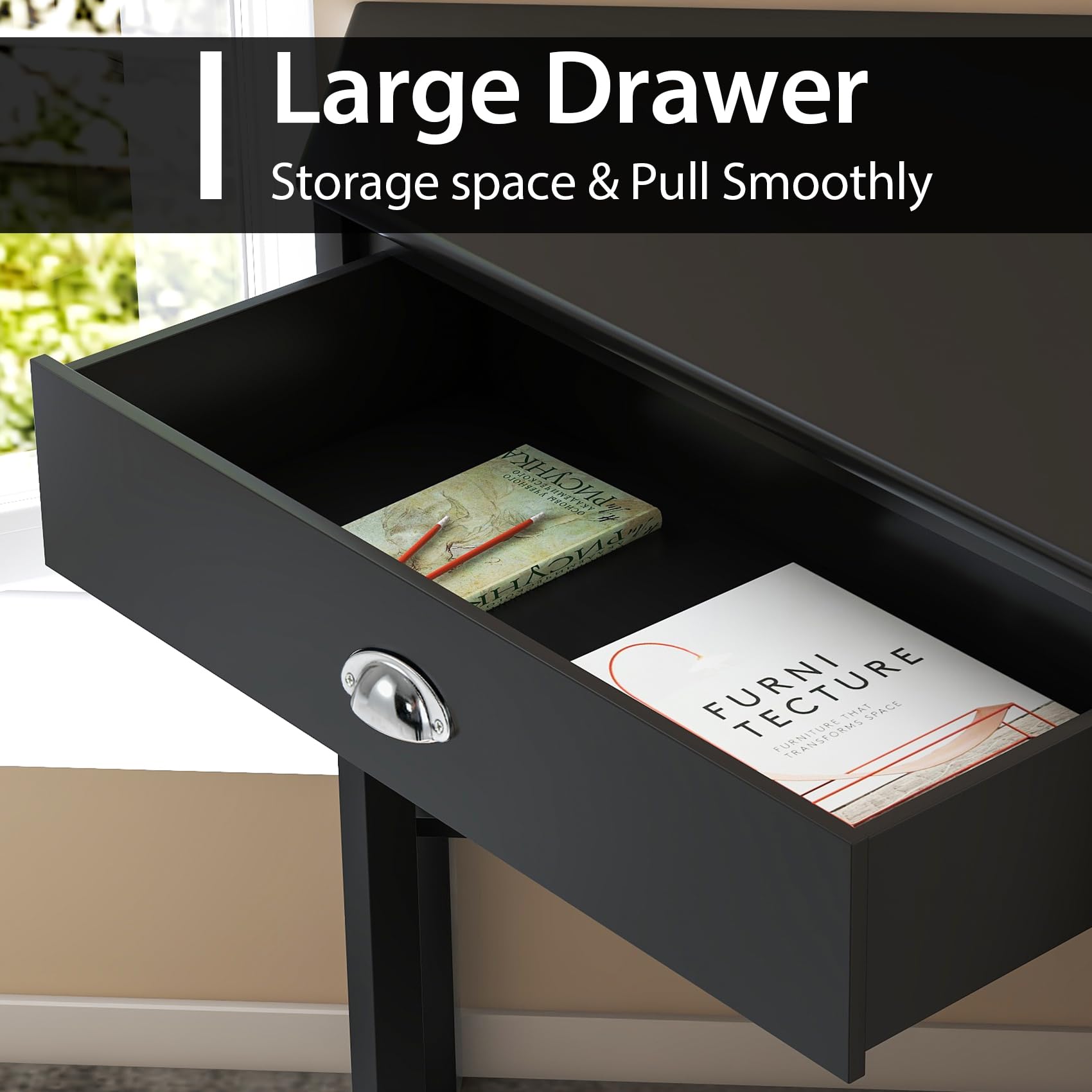 Nightcore Small, Wood Computer Desk, Compact Writing w/Drawer & Storage Shelves, Space Saving Study Workstation, Laptop PC Corner Table, Coffee