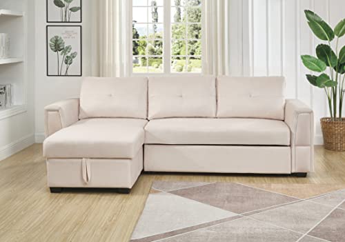 Legend Vansen 91" Wide Reversible Sofabed Sectional Sofas with Chaise，Velvet Storage L-Shape Twin Size for Living Room Couch Sleeper, Cream
