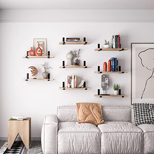 YGEOMER Floating Shelves, Set of 8, Rustic Wall Shelves, Wood Floating Shelf for Bedroom, Living Room, Book and Bathroom(Carbonized Black)
