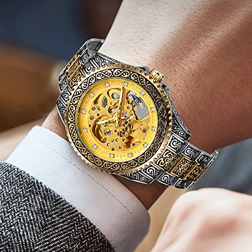 Luxury Men Automatic Mechanical Wristwatch Waterproof Stainless Steel Diamond Watch Golden Skeleton Men's Clock
