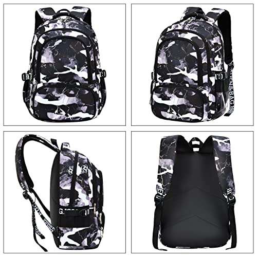Yvechus Camo Backpack for Kids, Lightweight Camo Backpack Elementary Middle School Backpack Water Repellent Bookbag (Camo Black)