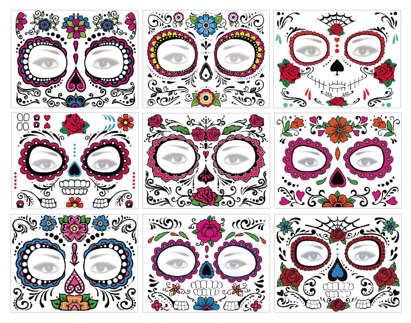 Day of Dead Face Tattoos, 6-Sheet Sugar Skull Tattoos Temporary Stickers and 3-Sheet Fake Floral Black Skeleton Web Full Face Mask Tattoo for Women Girls Kids Holloween Face Makeup
