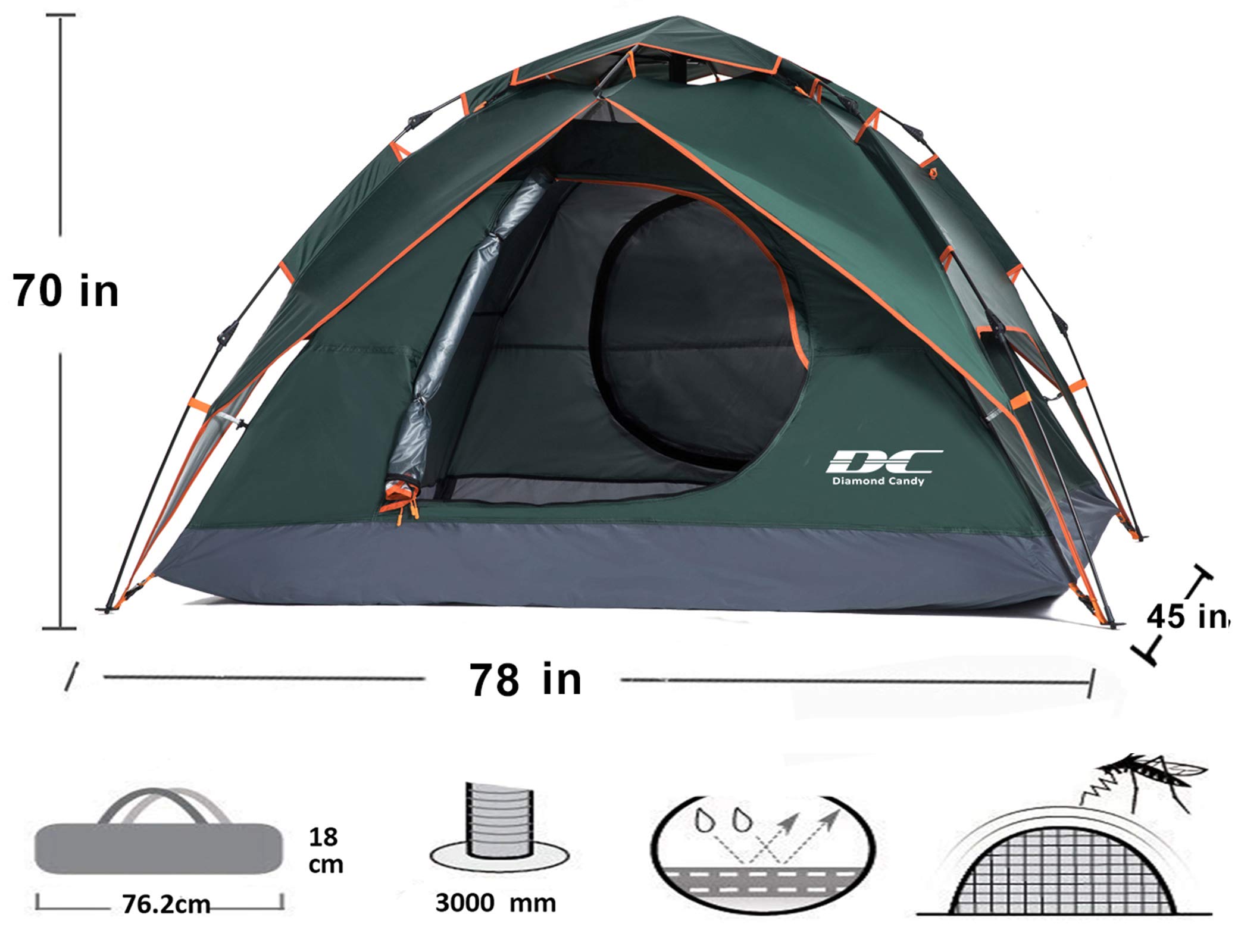 Diamond Candy Pop Up Tents for Camping 2-3 Person, 3000mm Waterproof Tent, Instant Setup in 60 Seconds, 2 Ventilated Mesh Doors, 8x7 ft Sun Shelter