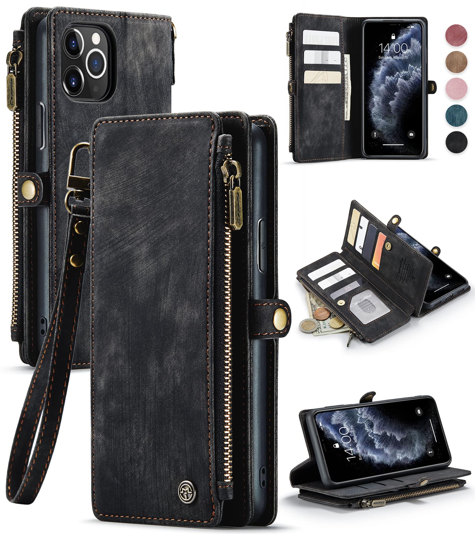 Defencase for iPhone 11 Pro Max Case, for iPhone 11 Pro Max Wallet Case for Women Men, Durable PU Leather Magnetic Flip Strap Zipper Card Holder Phone Case for iPhone 11 Pro Max 6.5-inches, Black