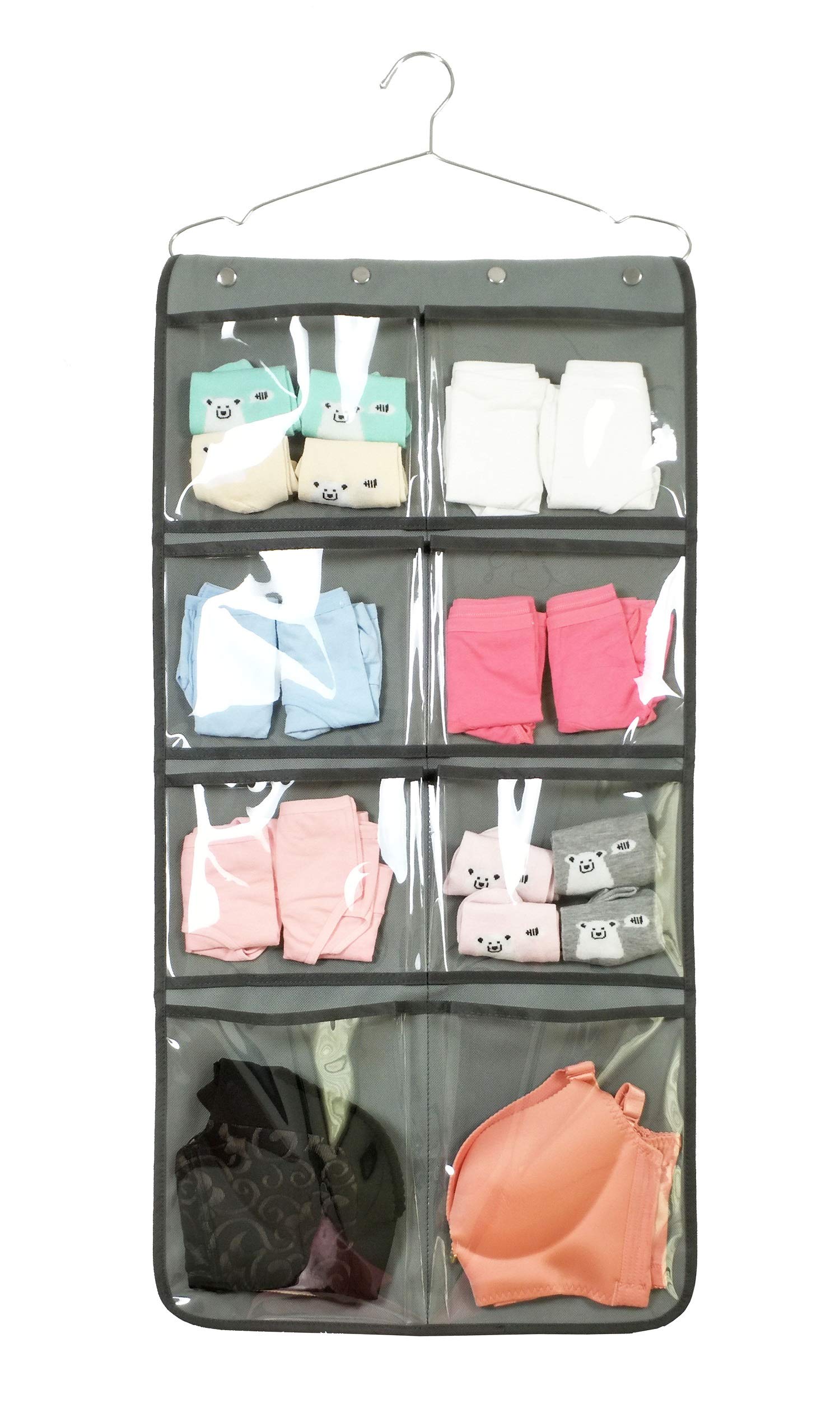 NIMES Durable Hanging Closet Underwear Sock Bra Stocking Organizer Dual-Sided Accessories Storage with 16 Large Clear Pockets (Grey)