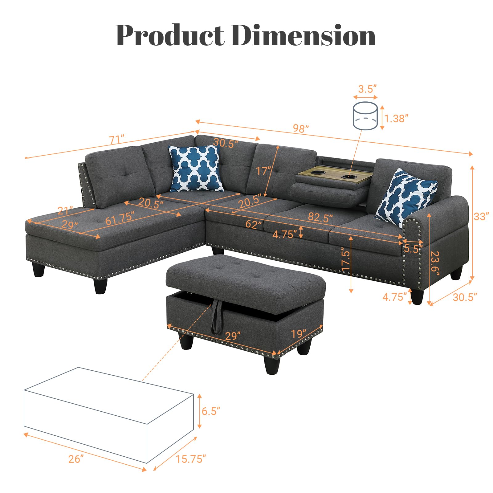 Rovibek L Shaped Sectional Couch with Ottoman and Pillows, 2 Cup Holders Design Living Room Sofa Set for Apartment, Office