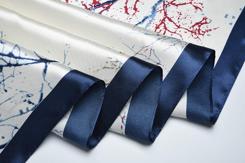 corciova 35 x 35 Large Bandana Women Satin Tie Square Headband Silk Like Hair Scarf Wrap Headscarf Prussian Blue Beige Trees