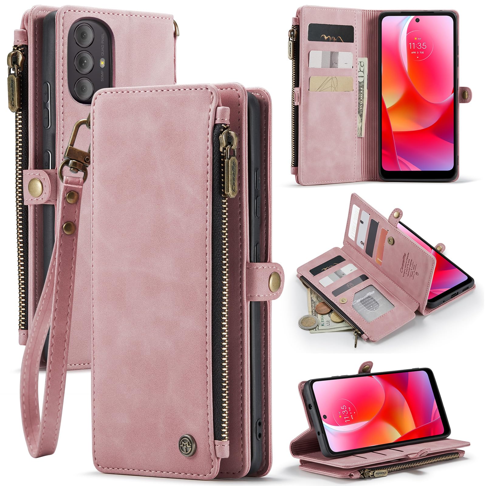 Defencase Moto G Power 2022 Phone Case, Motorola Moto G Power 2022 Case Wallet for Women and Men, Fashion PU Leather Flip Wrist Strap Zipper Card Holder Wallet Case for Moto G Power 2022, Rose Pink
