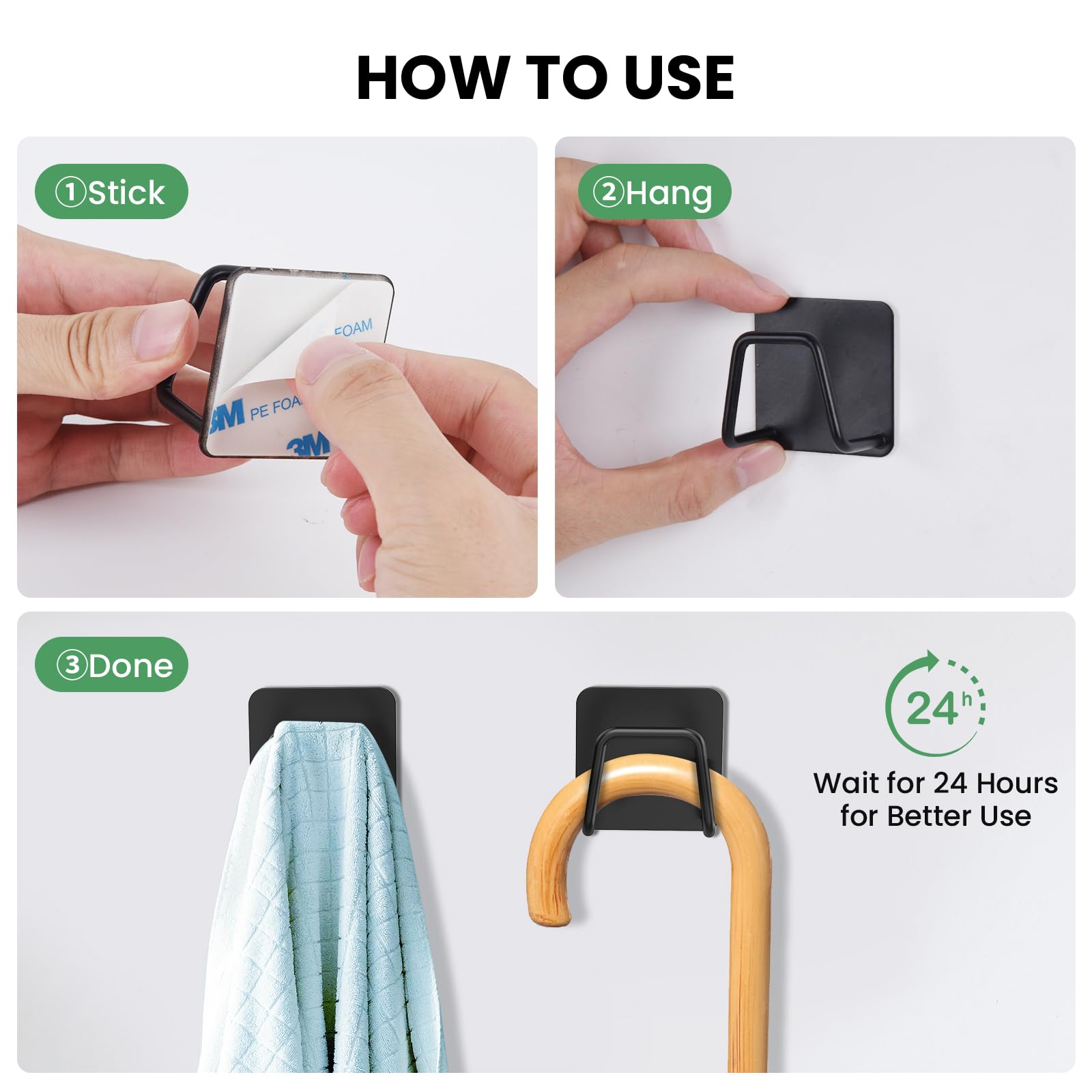 JYIFUBC Adhesive Hooks,Towel Hooks for bathrooms,Wall Hooks,Waterproof Stainless Steel Sticky Hooks for Hanging Bathroom Kitchen Home- Set of 4-Black