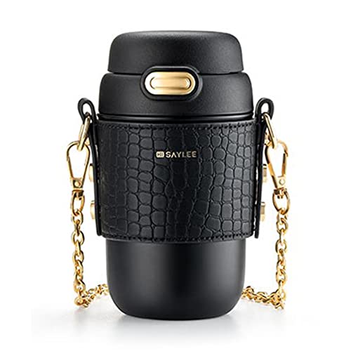 Genodiia 13OZ Kawaii Double Wall Stainless Steel Vacuum Cup Water Bottle With PU Leather Sleeve Insulator And Metal Chain Shoulder Carrying Strap For Travel To-Go Gifts Ladies Girls, Yellow