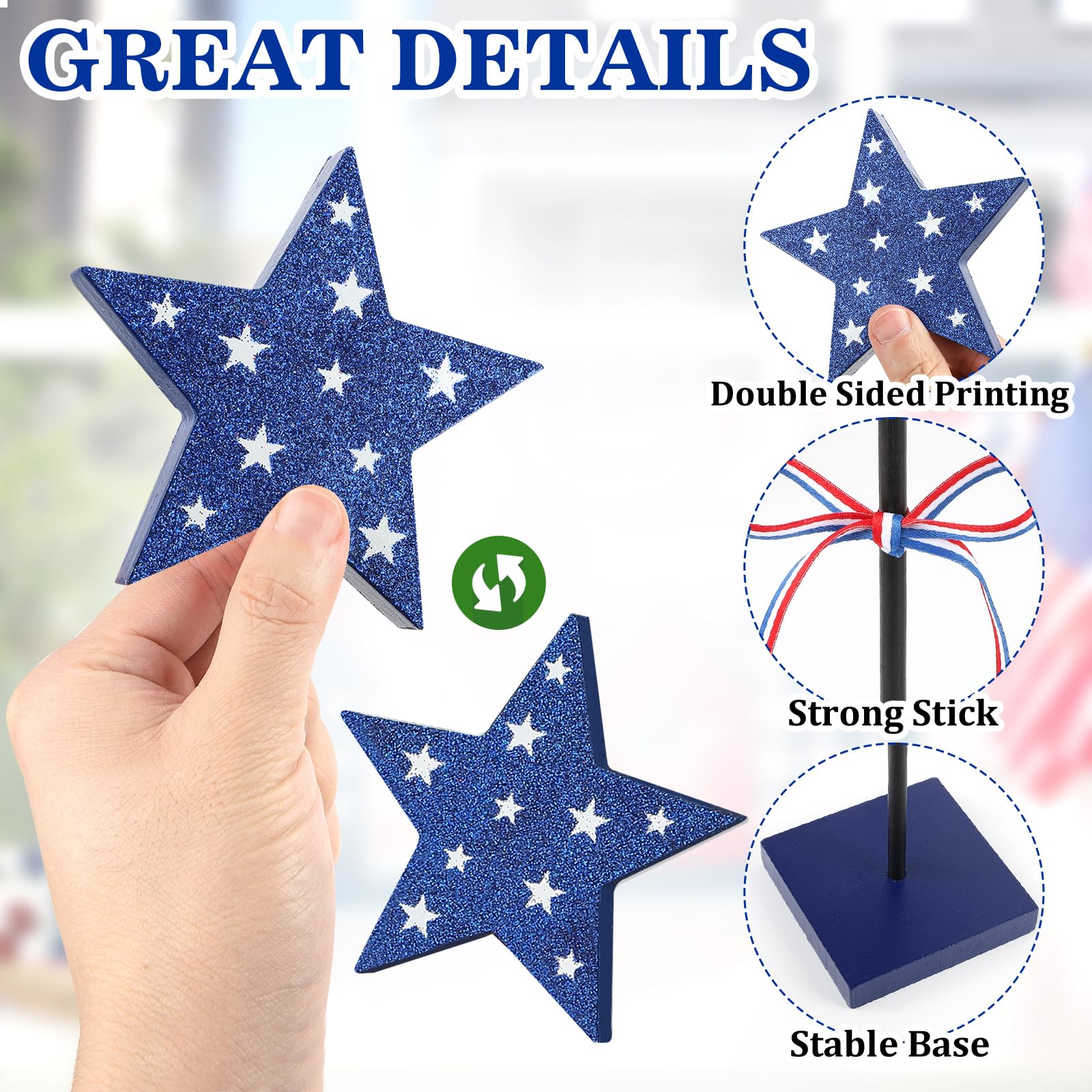 Labor Day Tiered Tray Decor Wooden Star Set, 3 Pcs Veterans Day Table Decorations, Rustic Patriotic Tabletop Home Decor, Red White and Blue Decorations for Celebration Home (Shiny)