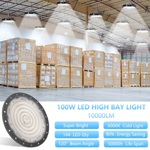 Royana 20 Pack 100W LED High Bay Light, 110V LED Shop Lights, 6000K 10000LM UFO Warehouse Light, with 5ft Cable US Plug, Hook Mount, Garage, Factory, Warehouse, Workshop, Area Light