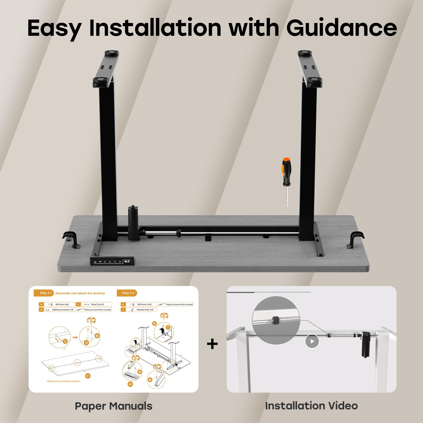 JYLH JOYSEEKER Grey Standing Desk, 48 X 24 Inch Adjustable Height Electric Desk, Sit Stand Desk with 2 Hooks, Ergonomic Rising Desk with Splice Board