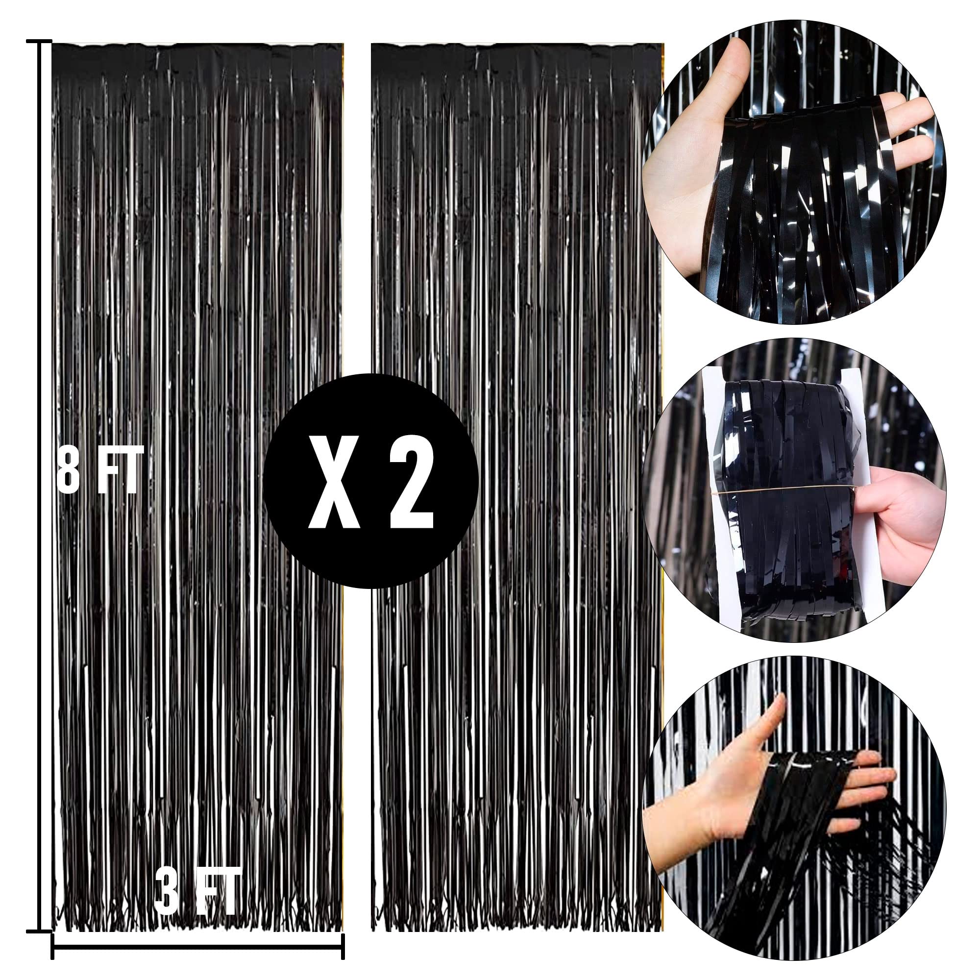 Dazzle Bright 2 Pack Black Backdrop Curtain, 3FT x 8FT Metallic Tinsel Foil Fringe Curtains Photo Booth Background for Baby Shower Party Birthday Wedding Engagement Bridal Shower Decorations