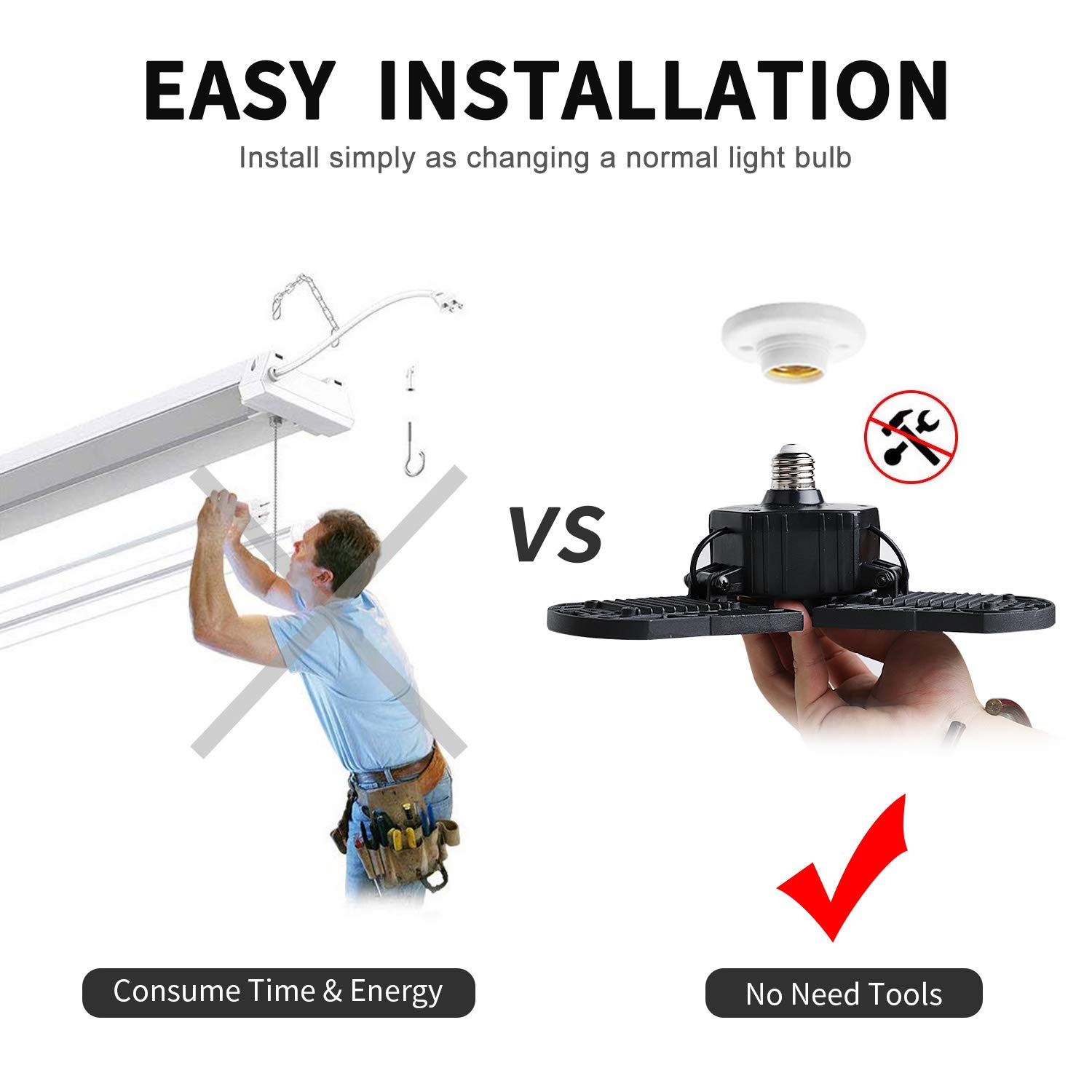 Deformable LED Garage Lights, E26 Base 60W LED Ceiling Lights, 6000LM 6000K Super Bright Shop Light with 3 Adjustable Angle Panels for Workshop, Warehouse, Basement Cellar, Full Area Basement etc
