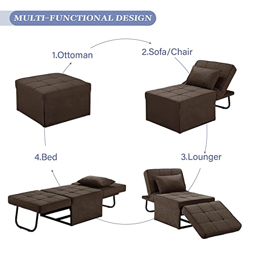 Saemoza Sofa Bed, 4 in 1 Multi Function Single Folding Ottoman Bed, Modern Sleeper Convertible Chair Adjustable Backrest Small Couch Bed for Living Room/Small Apartment, Dark Brown