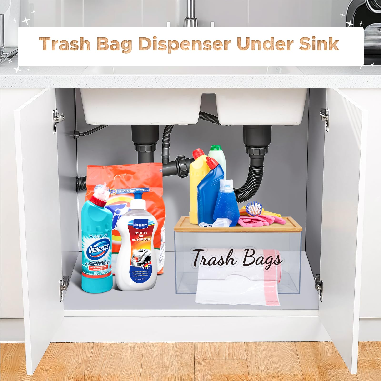 JYPS Trash Bag Holder Dispenser Organizer With Bamboo Lid, Wall Mounted, Garbage Bag Dispenser Holder, Trash Bag Dispenser Standrad Roll Holder for Kitchen Organization, Under Sink