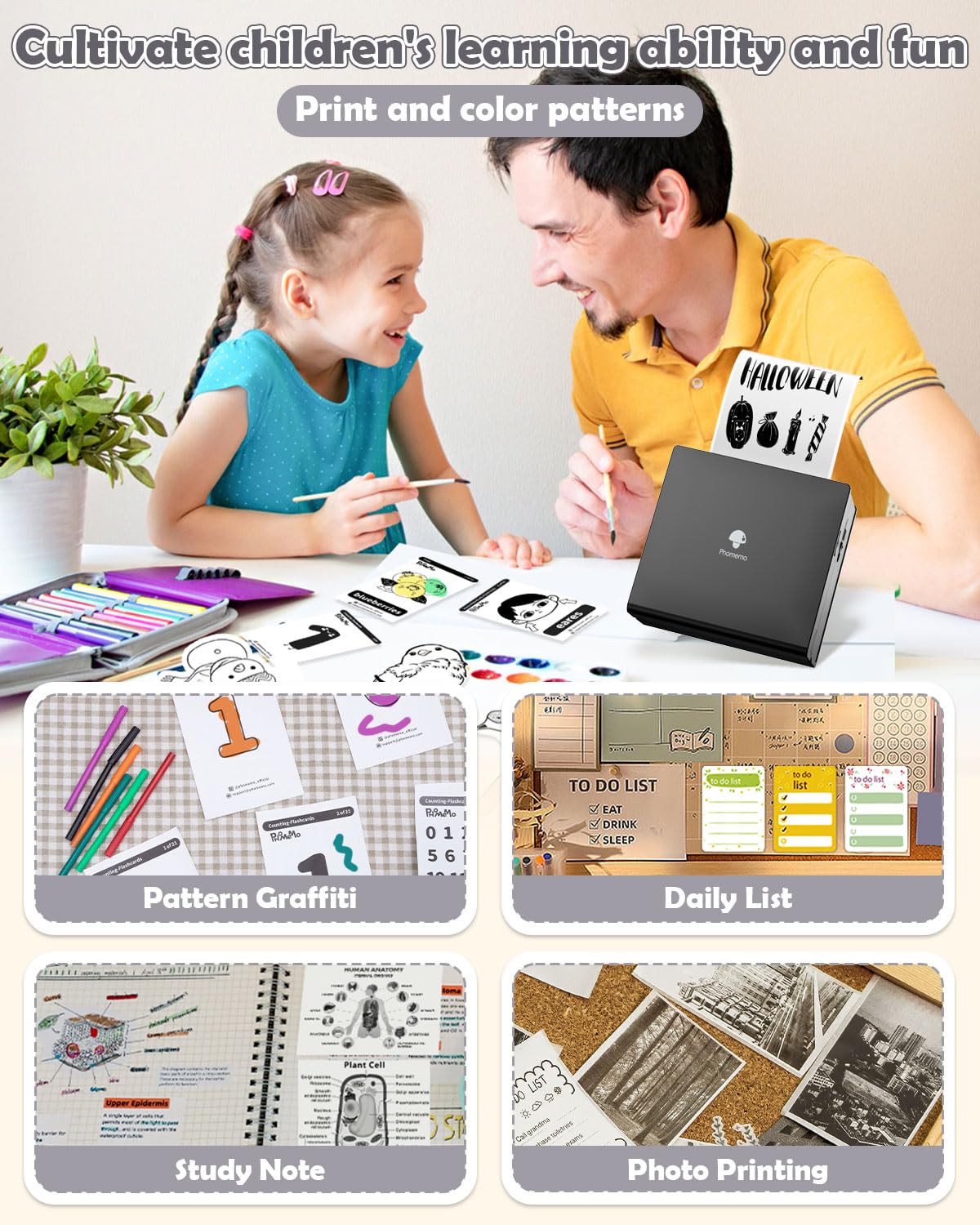 Memoqueen Mini Sticker Printer - M02 Wireless Pocket Printer, Compatible with iOS & Android, Photo Printer for Phone, for Fun Christmas Sticker, DIY Journal, New Year Gift, Black