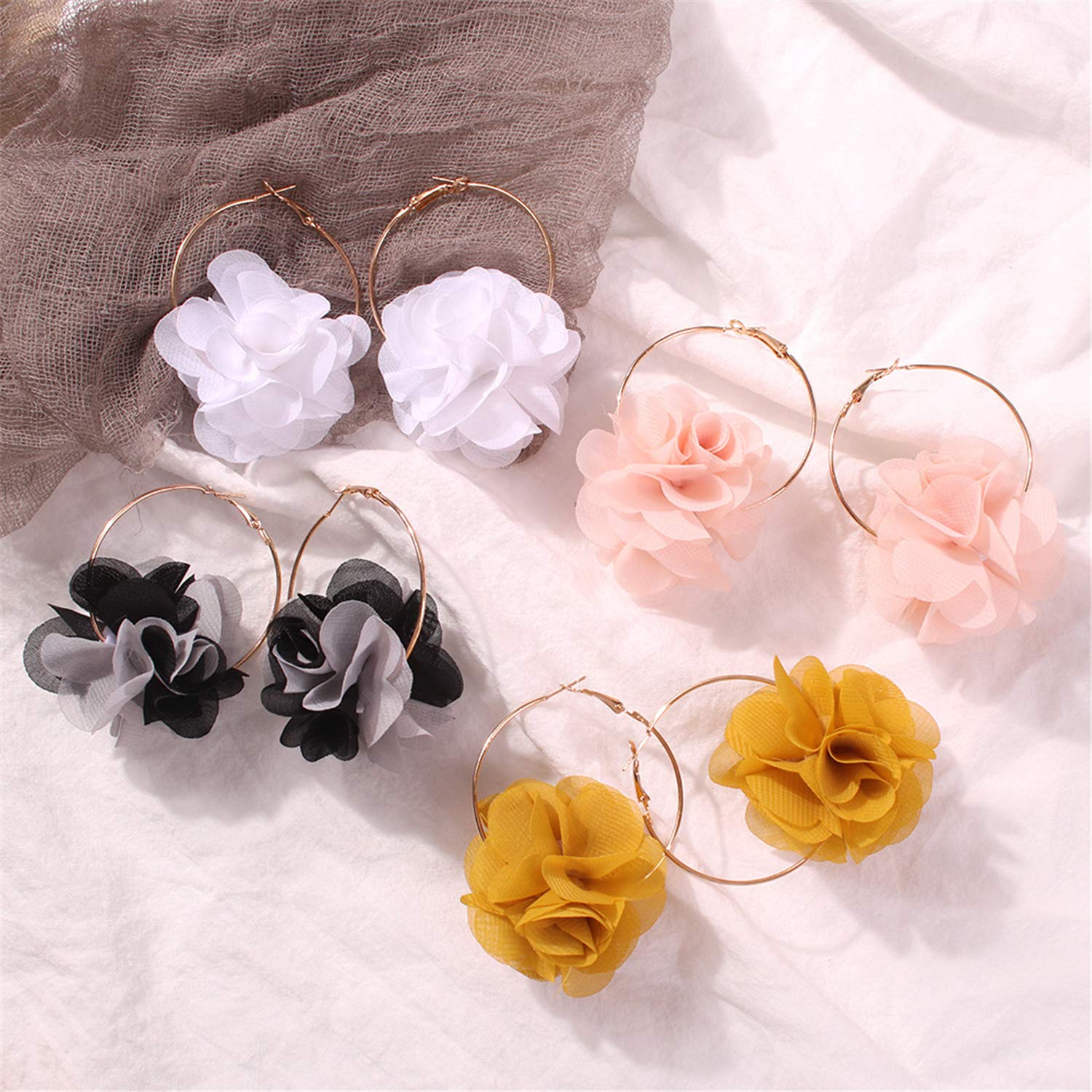 DAMLENG Lightweight Bohemian Big Fabric Flowers Dangle Drop Earrings Handmade Charm Chic Petal Hoop Earrings with Chiffon Floral Tassel for Women Vacation Wedding (Pink)