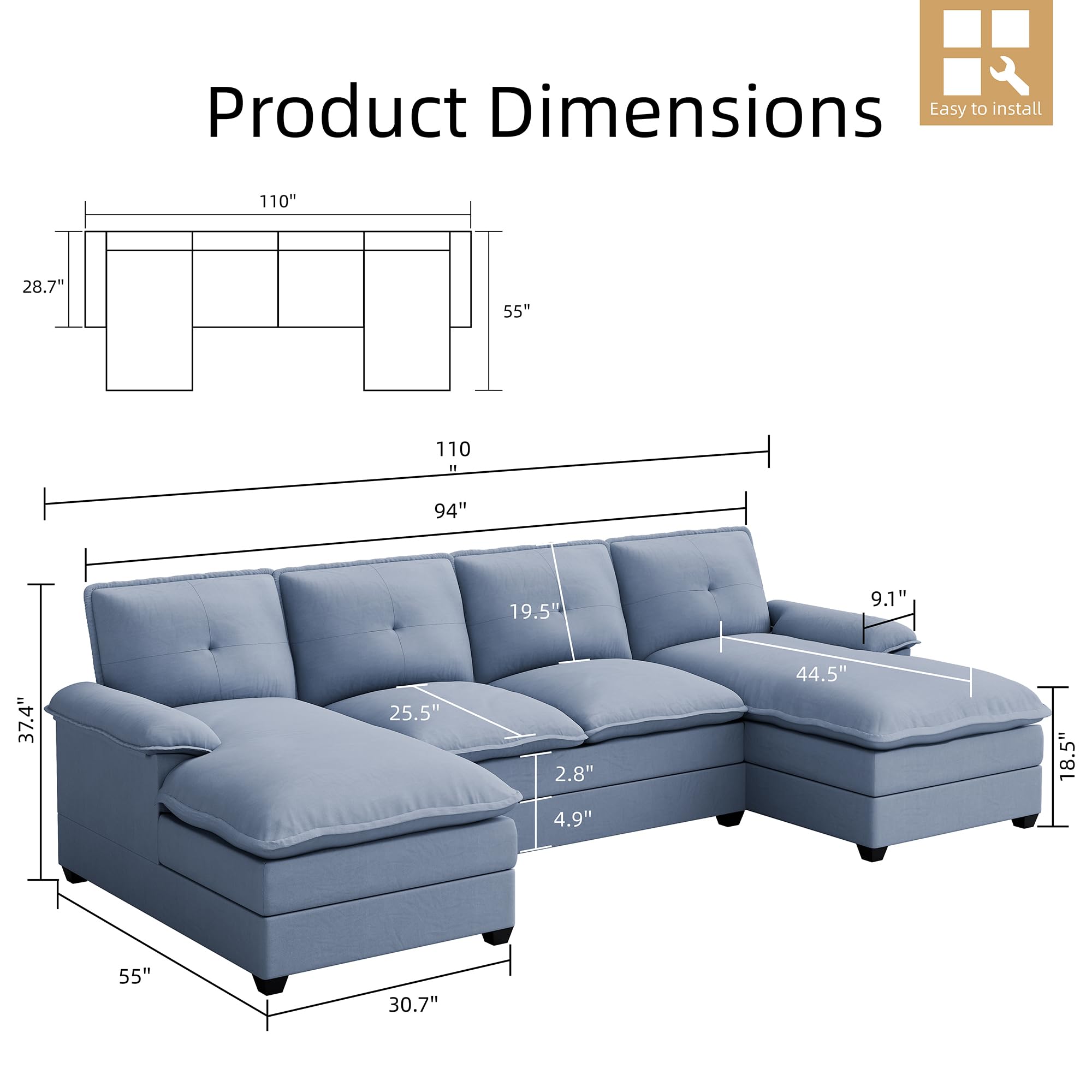 JAMFLY Sectional Couches for Living Room, U-Shaped Couch 4 Seat Sofa Set with Double Chaises, Modern Fabric Modular Sectional Sofa Set for Apartment, Blue