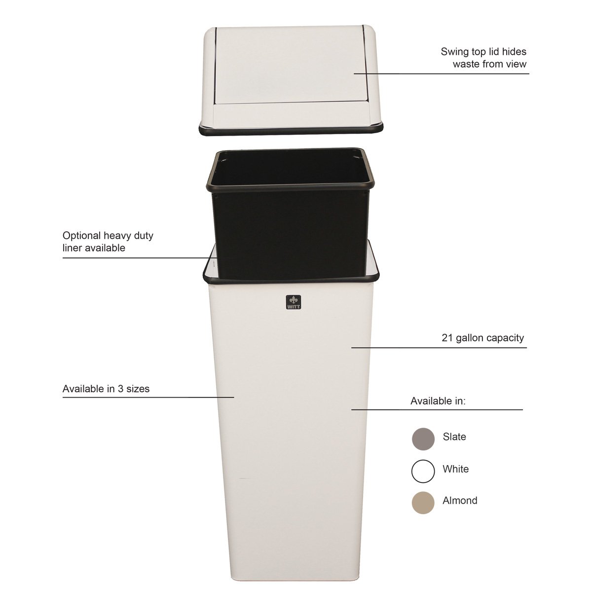Witt Industries 1511HTWH Stainless Steel 36-Gallon Waste Watcher Hamper and Swing Top Receptacle, Square, 19" Width x 19" Depth x 39" Height, White