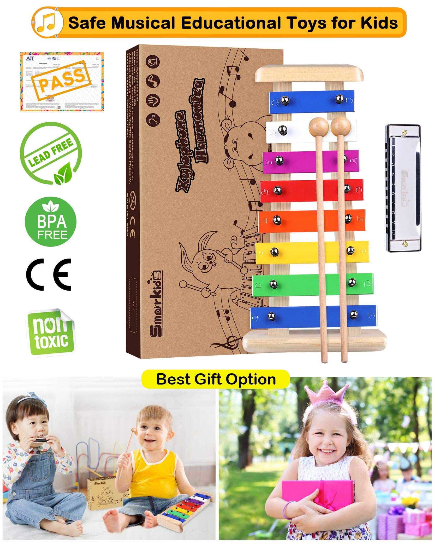 Smarkids Wooden Xylophone for Kids & Harmonica Set - Professional Kids Musical Instruments Set Percussion Instruments with Mallets Award Winning Preschool Learning Musical Toys Birthday Gifts