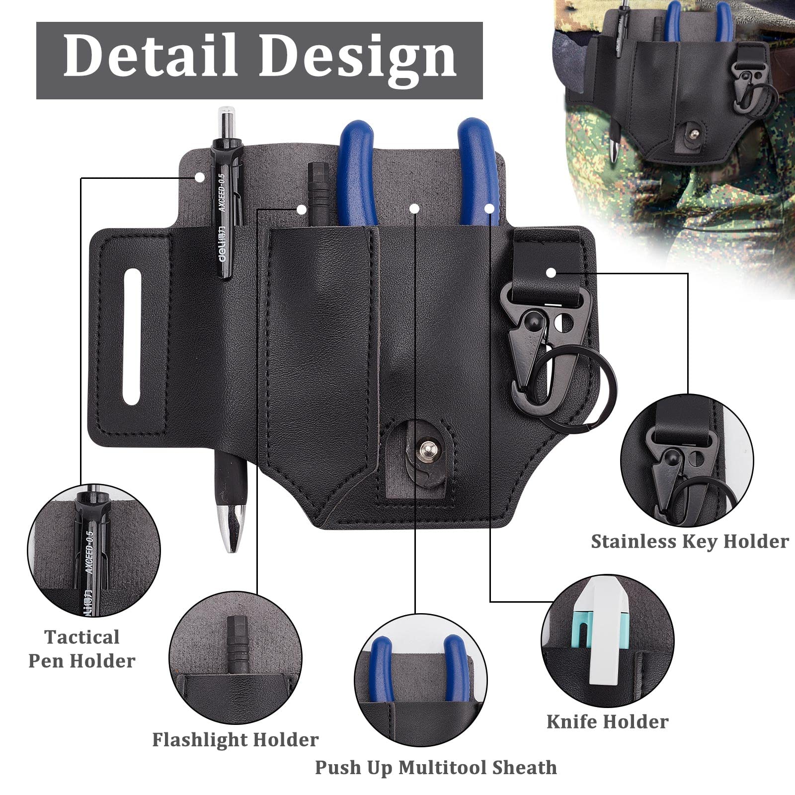 GORGECRAFT Multitool Sheath for Belt EDC Leather Belt Pocket Organizer Holster Flashlight Leatherman Sheath Pen Pouch Holder Keychain Clip Practical Belt for Men Key Fob Clip(Brown
