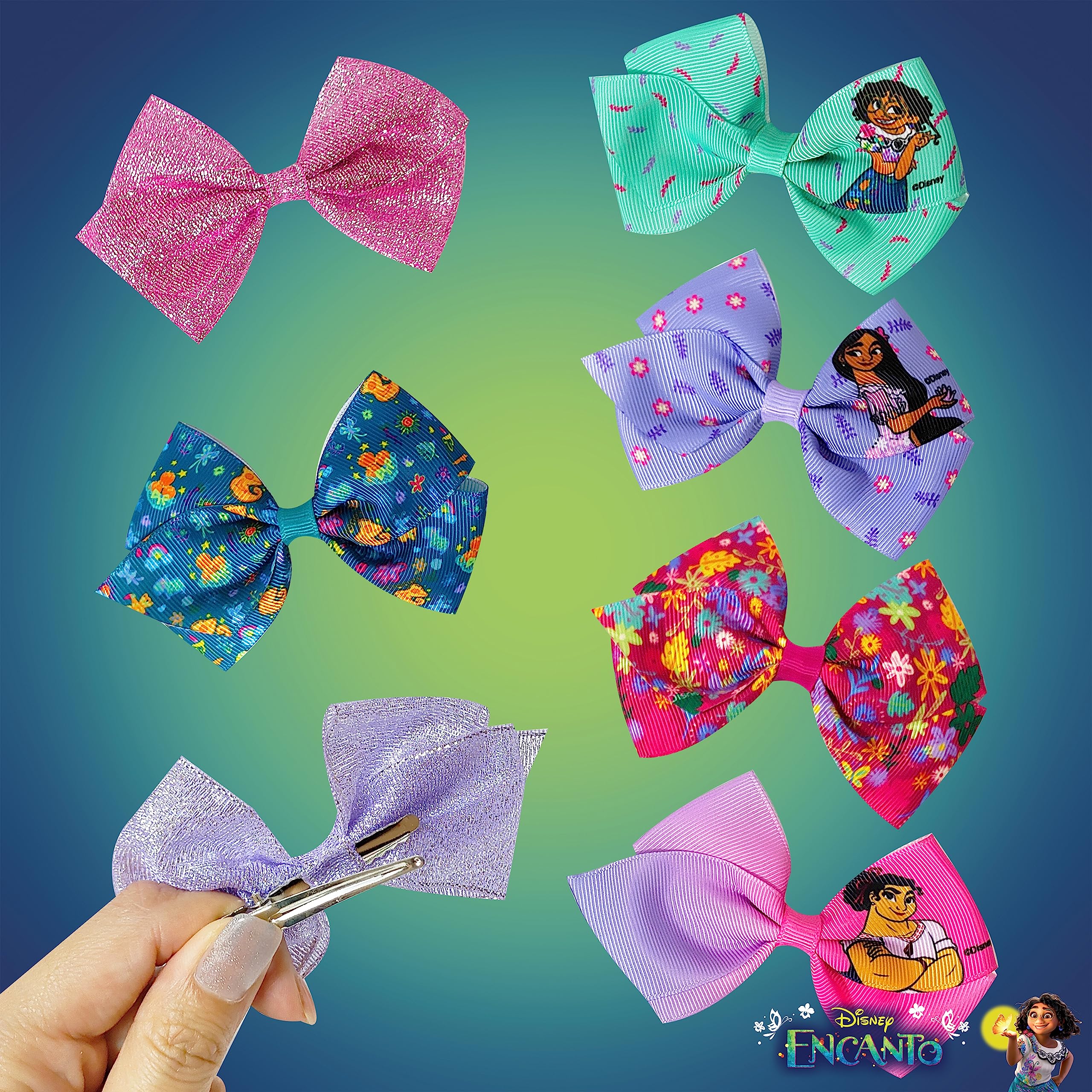 Disney Encanto Bow Bundle 7 Pcs 4 Inch Bundle - Hair Bows for Girls - Different Encanto Image on Each Clip - Alligator Clip - Ages 3+ Hair Accessories Bows for Girls