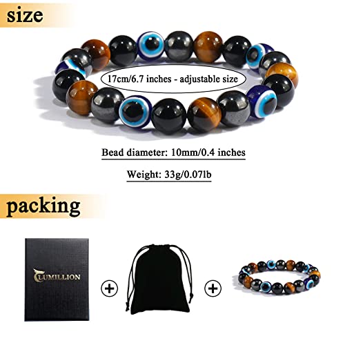 mens beaded bracelets(evil eye, tigers eye,hematite, obsidian)A handmade beaded crystal healing bracelet that can bring luck, happiness and protection(10mm elastic)
